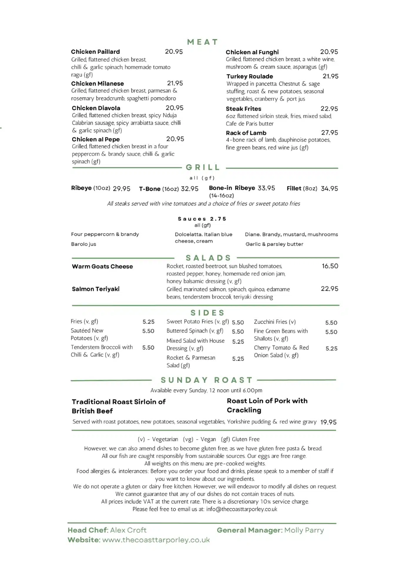 Menu - The Coast - Tarporley