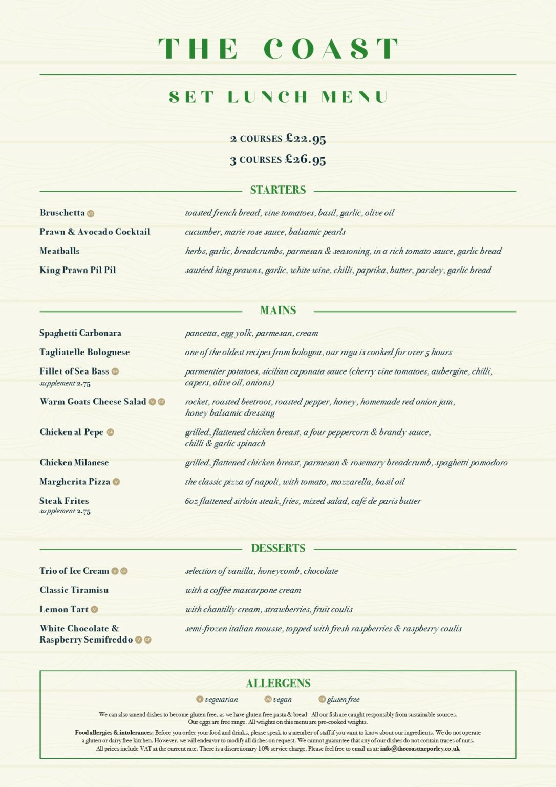 Menu - The Coast - Tarporley